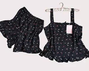 Black Floral Frill Linen x Cotton Cami Set | Noroche