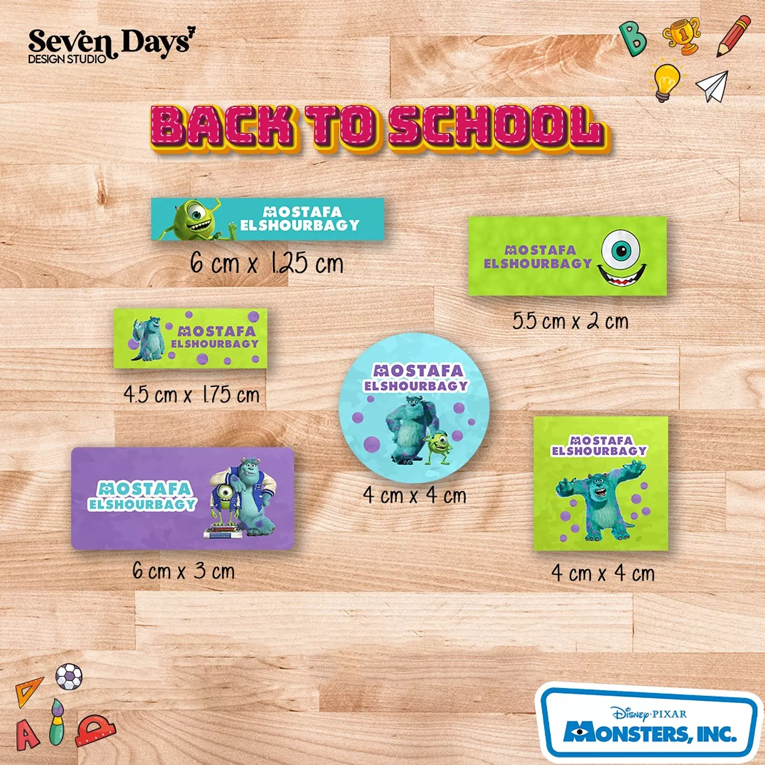 Monsters Inc School Labels | Seven Days Design Studio