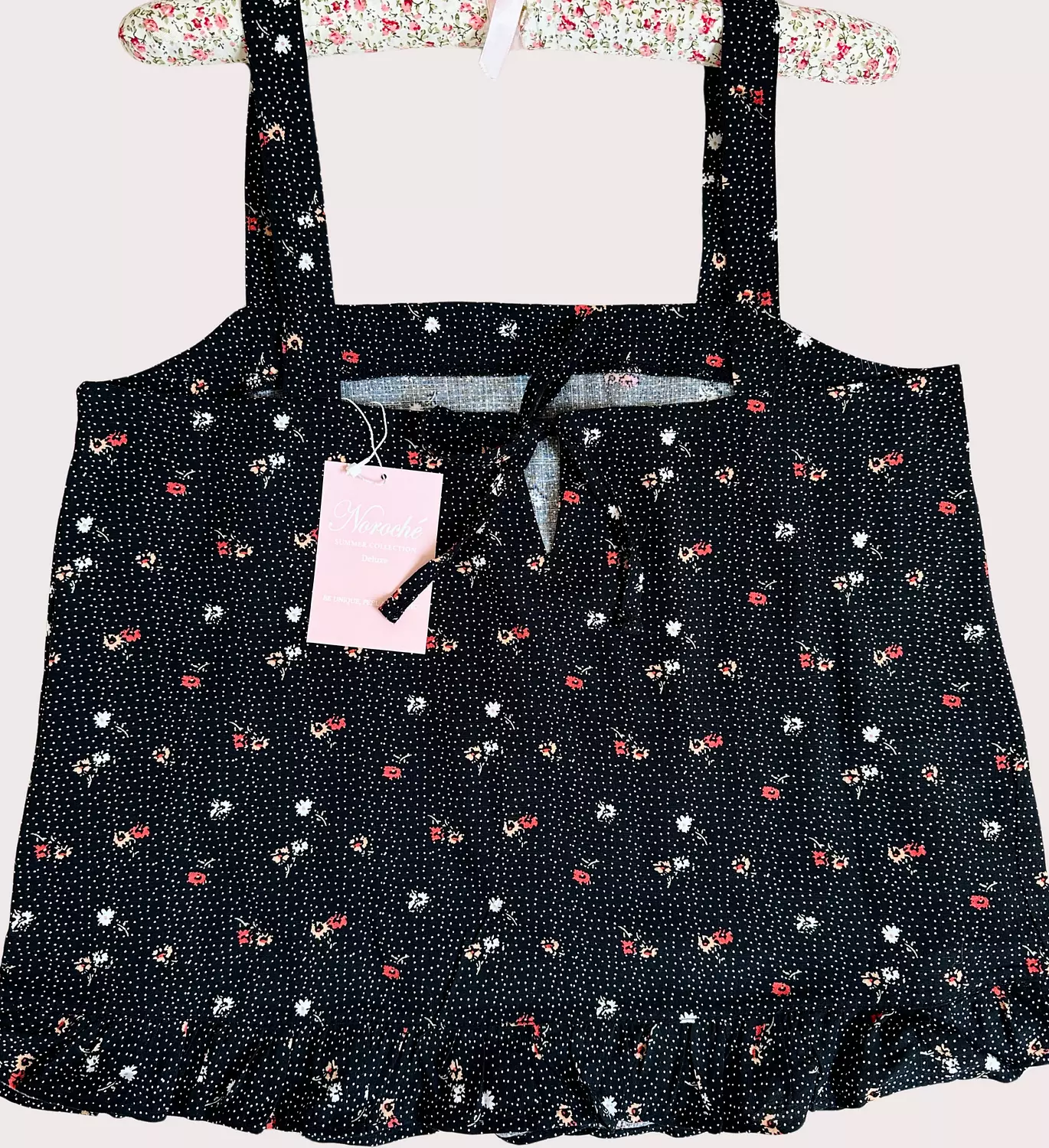 Black Floral Frill Linen x Cotton Cami Set | Noroche